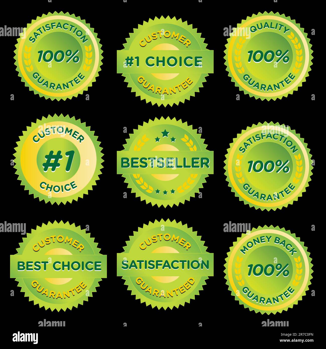 Vector illustration of nine green shiny Quality stamps / labels / seals / signs for retail and ...