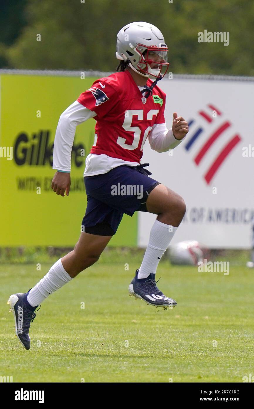 New England Patriots linebacker Marte Mapu warms up at the NFL football ...