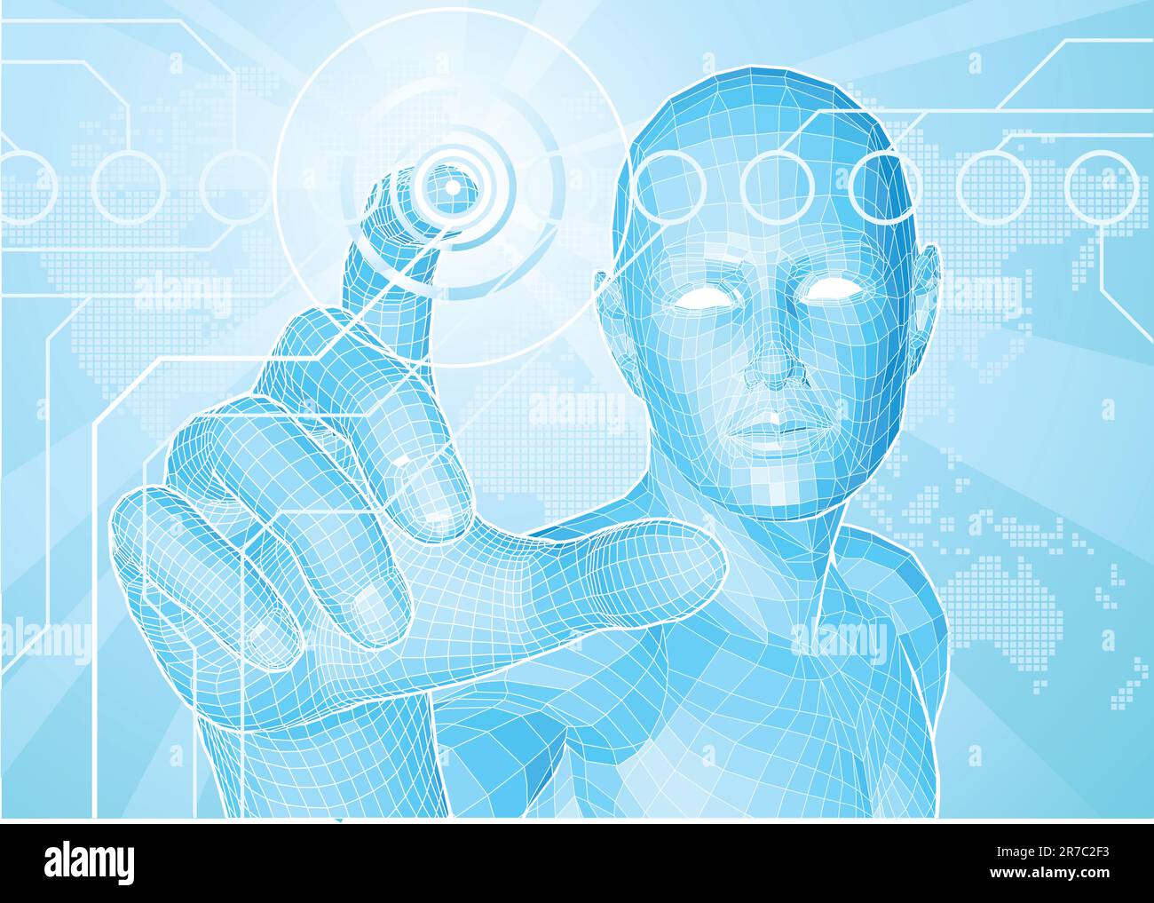 Corporate style background concept. Futuristic blue figure touching ...