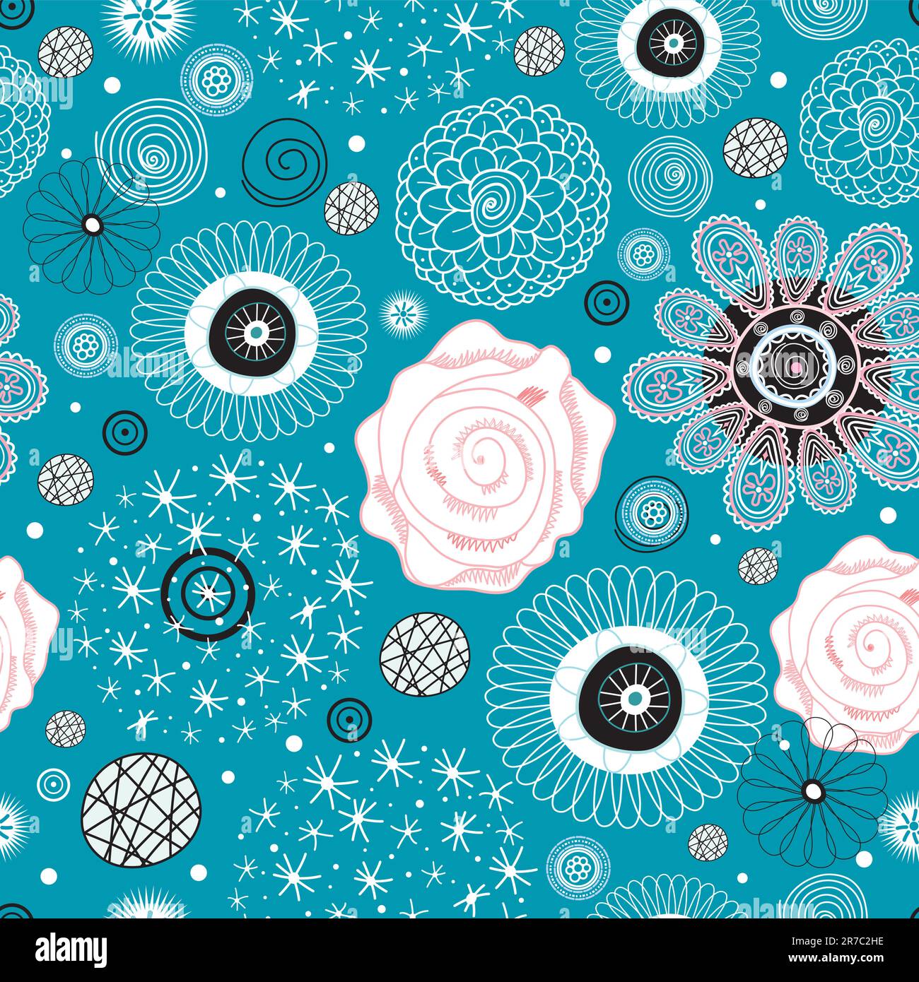 seamless rhythmic light floral pattern on a bright blue background ...