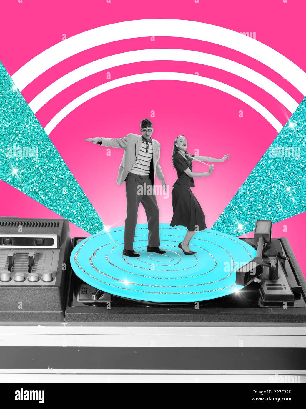 Positive young man and woman in retro outfits dancing on vinyl record ...