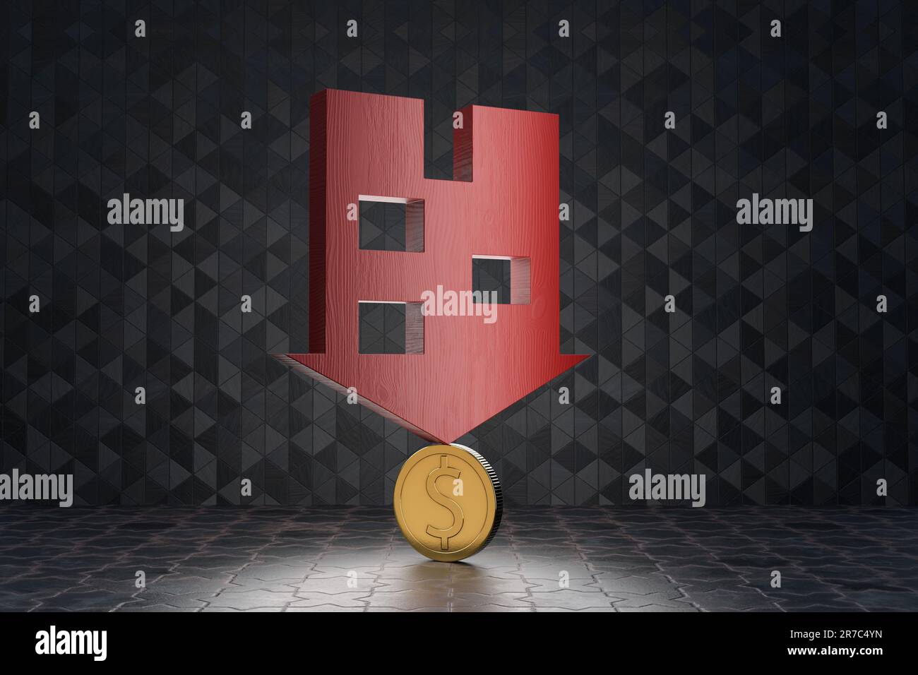 Inverted red wooden house as a down arrow pointing a golden coin with ...