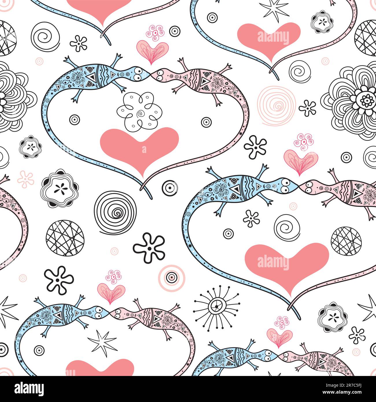 seamless graphic pattern of the lizards in love with the hearts on a ...
