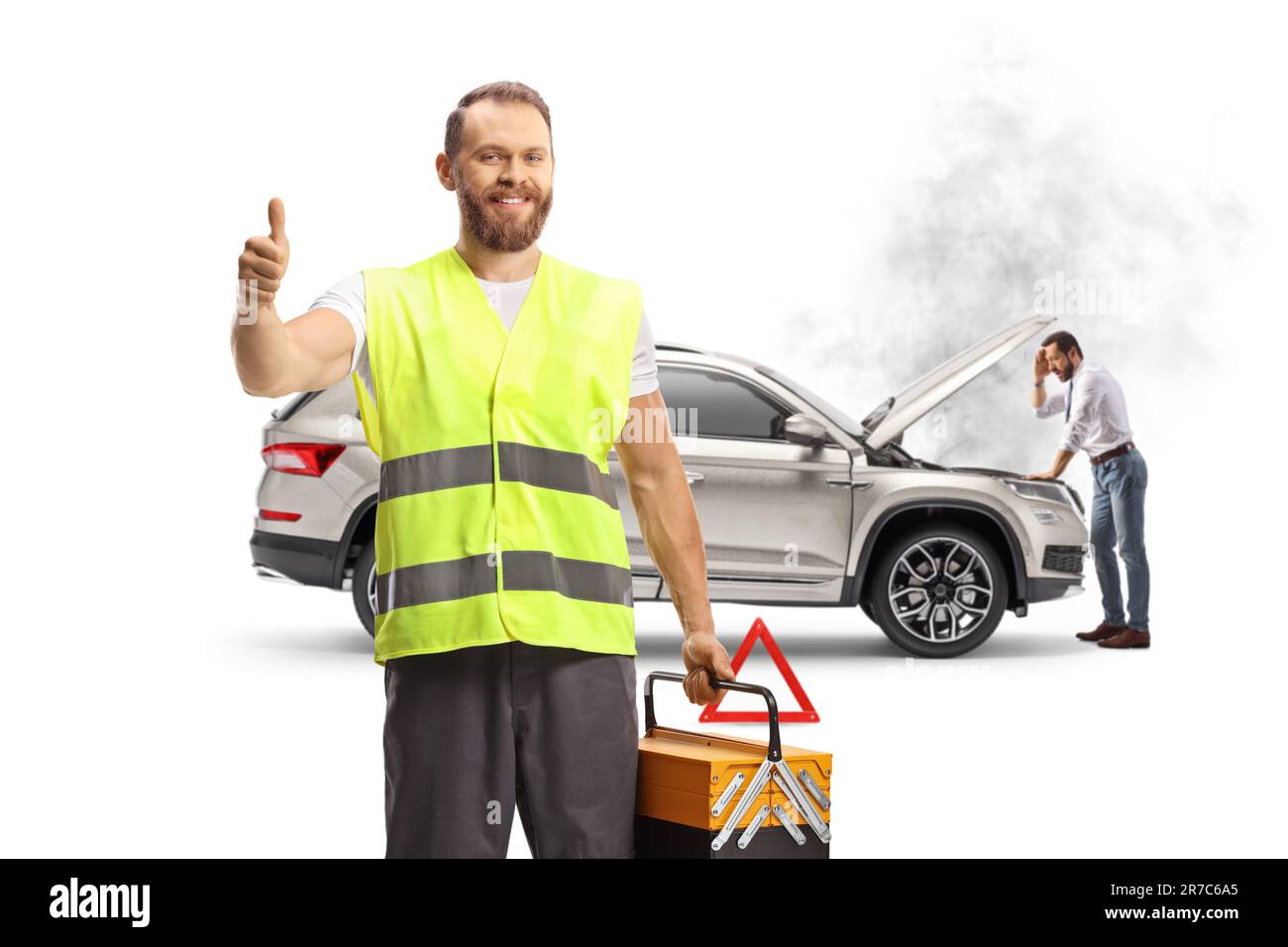 Roadside assistance worker gesturing thumbs up and a man with a broken ...