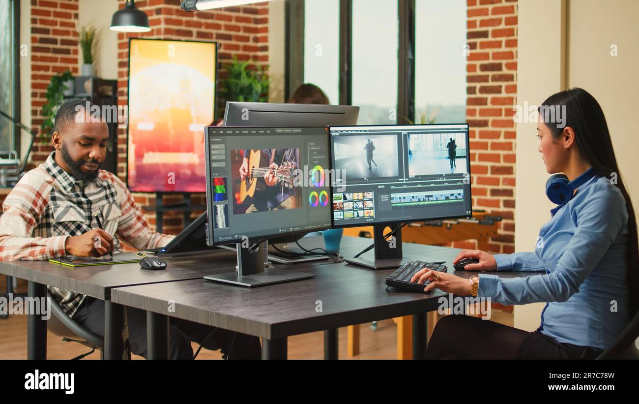 Professional artist working on film footage design with retouching ...