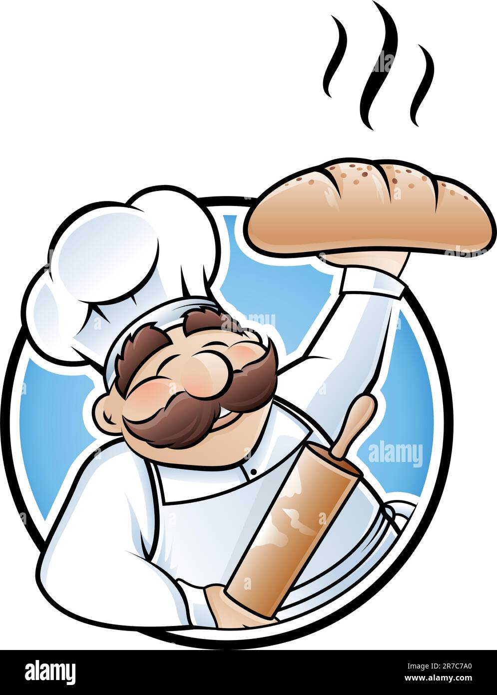 Happy baker cartoon character presenting a freshly baked loaf of bread ...