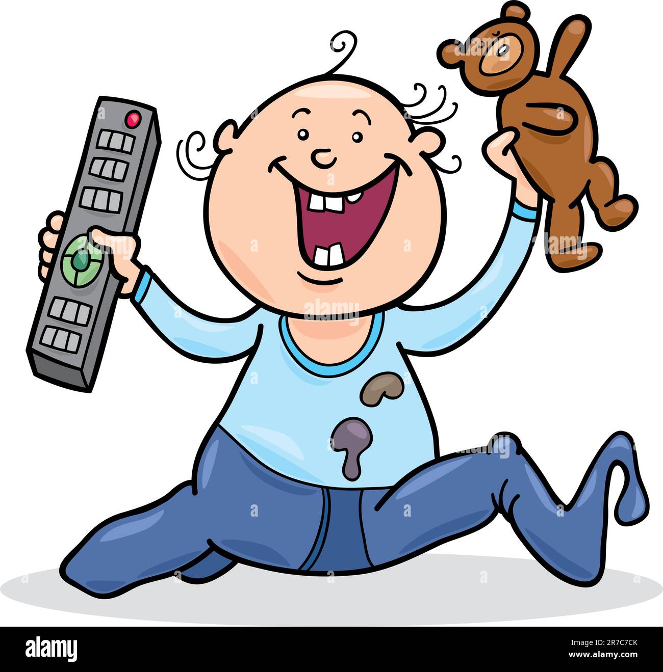illustration of baby boy with remote control and teddy bear Stock ...