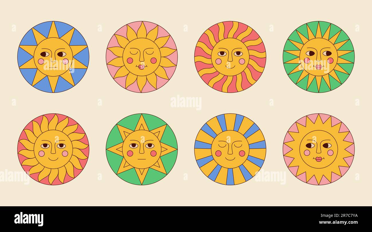 Collection of groovy sun cartoon characters with funny faces in retro ...