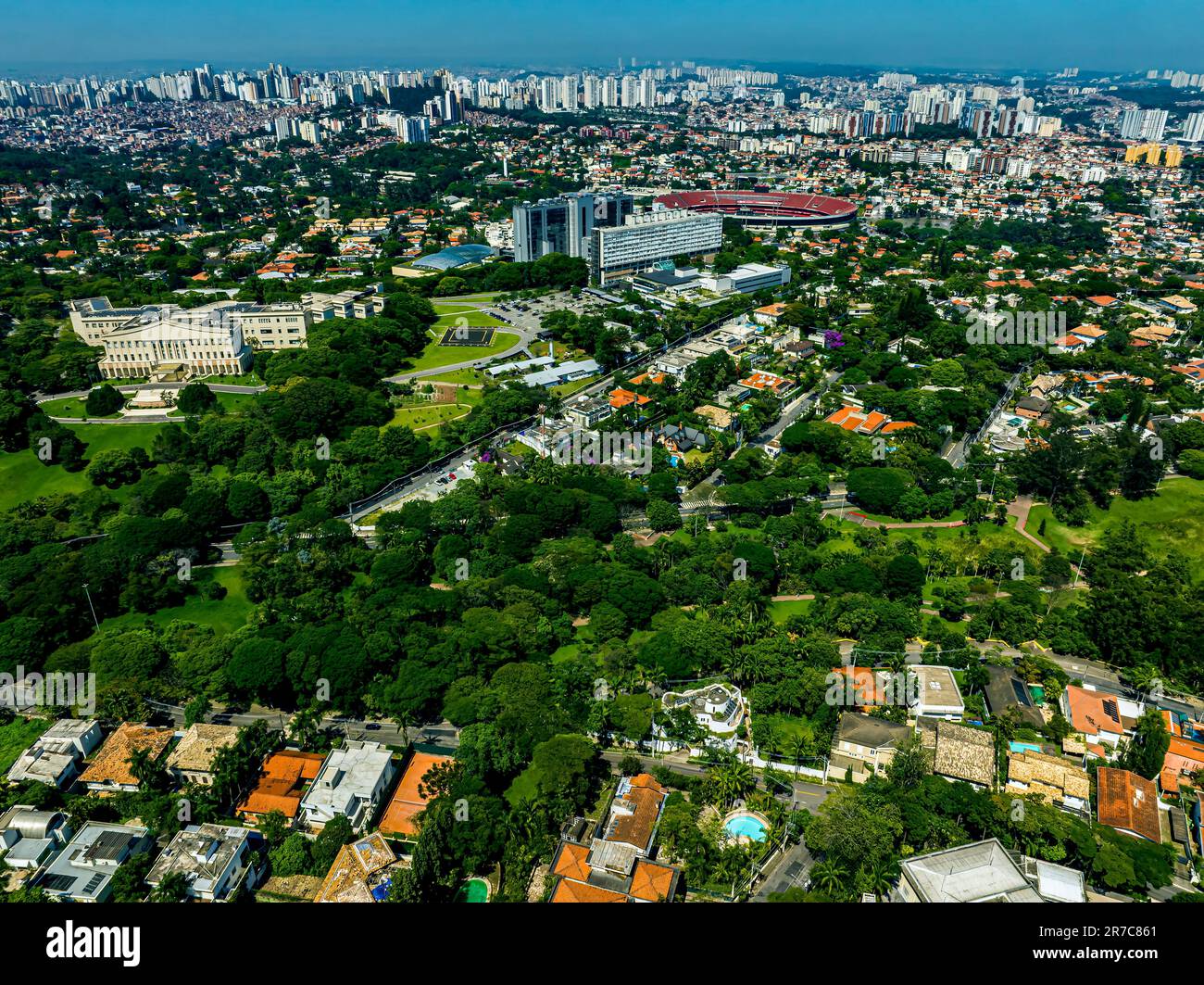 Aerial view of Sao Paulo city, Morumbi Stadium, and Bandeirantes Palace ...