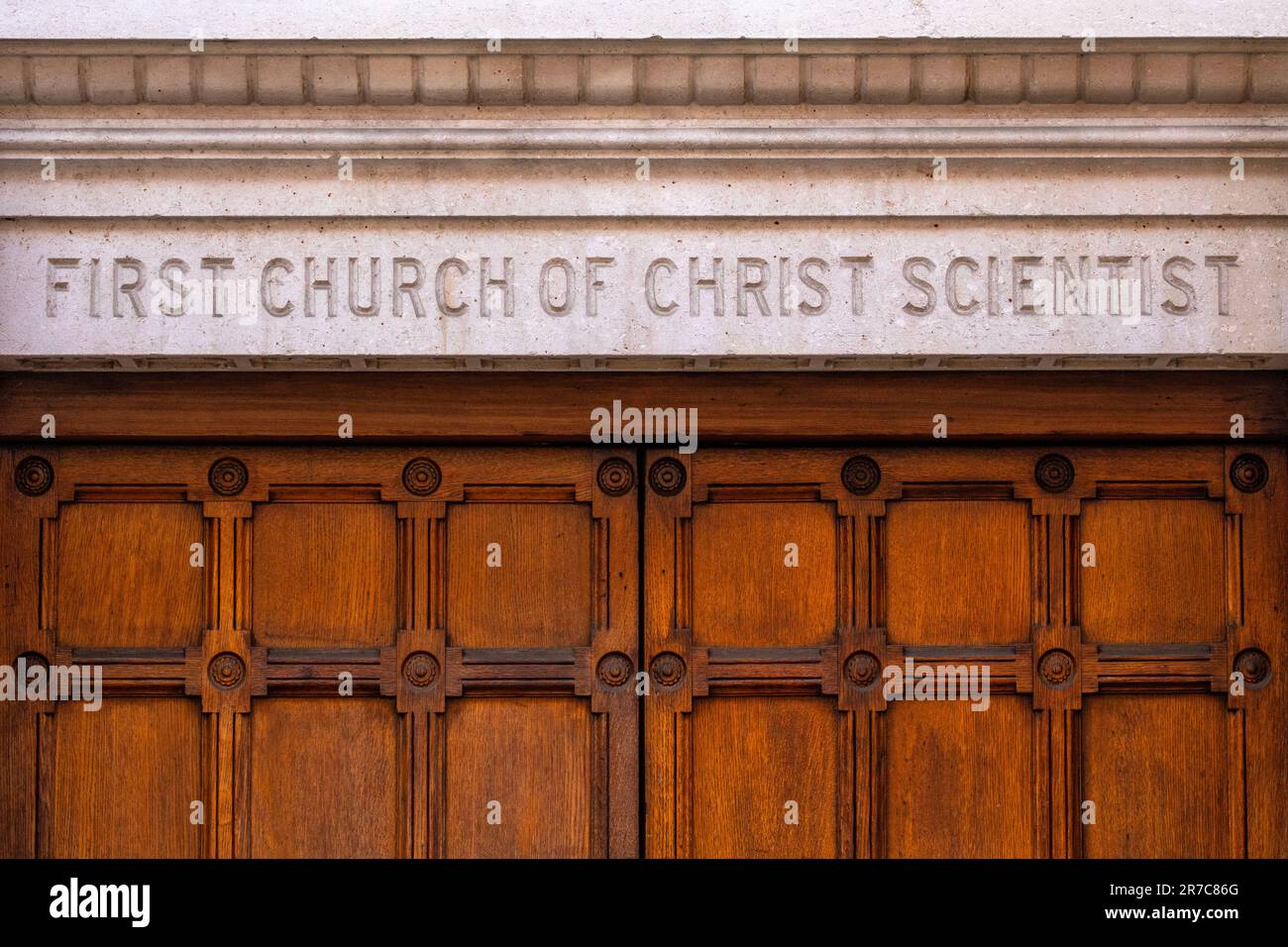 First Church of Christ Scientist sign at Cadogan Hall in London, UK. The building was a church ...