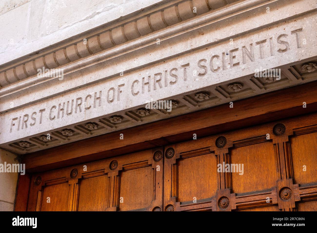 First Church of Christ Scientist sign at Cadogan Hall in London, UK. The building was a church ...
