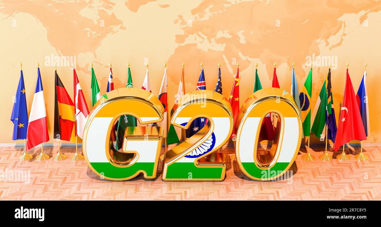G20 meeting in India, flags of all members G20 in room. 3D rendering ...