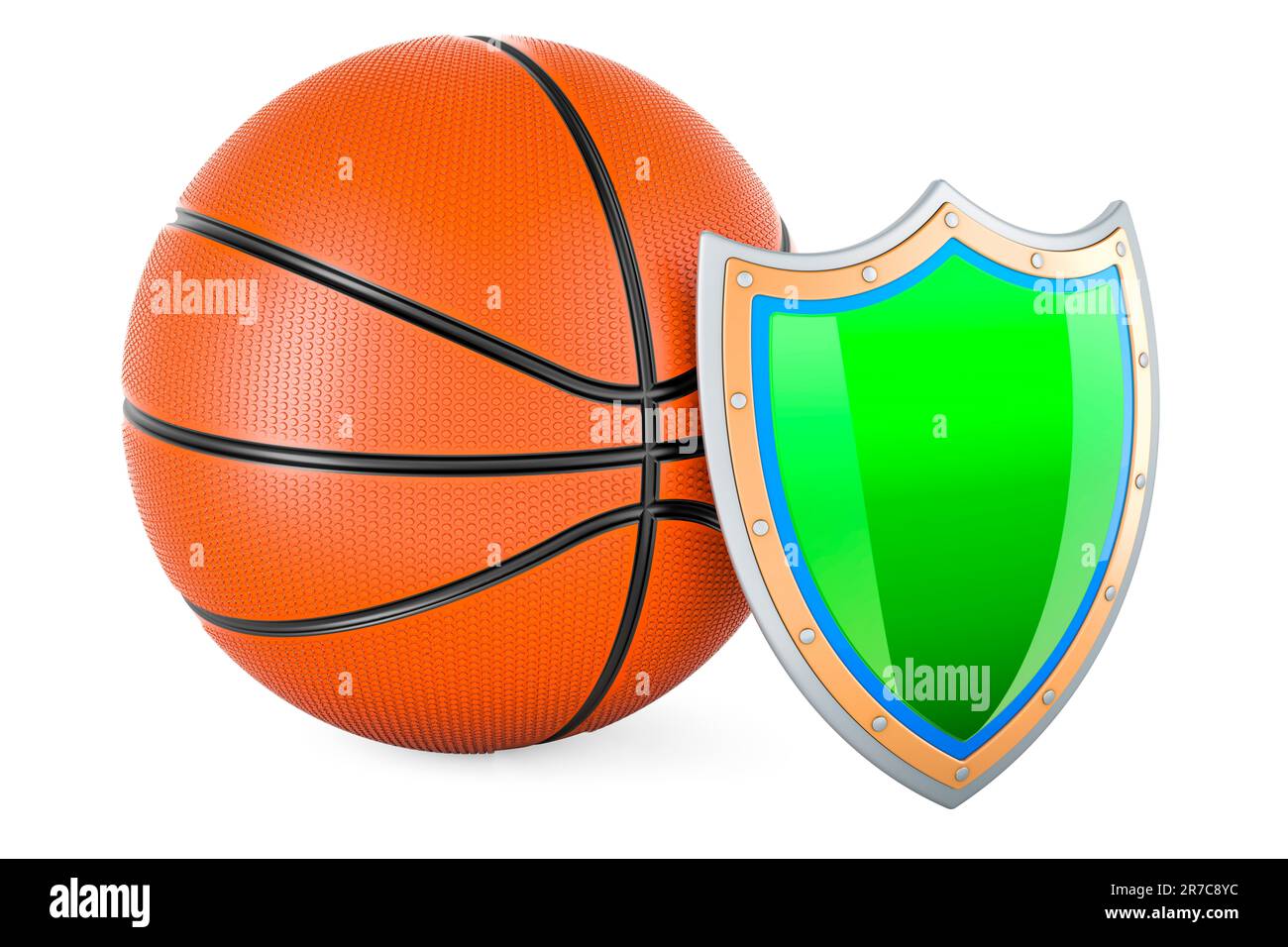 Basketball ball with shield, 3D rendering isolated on blue background ...