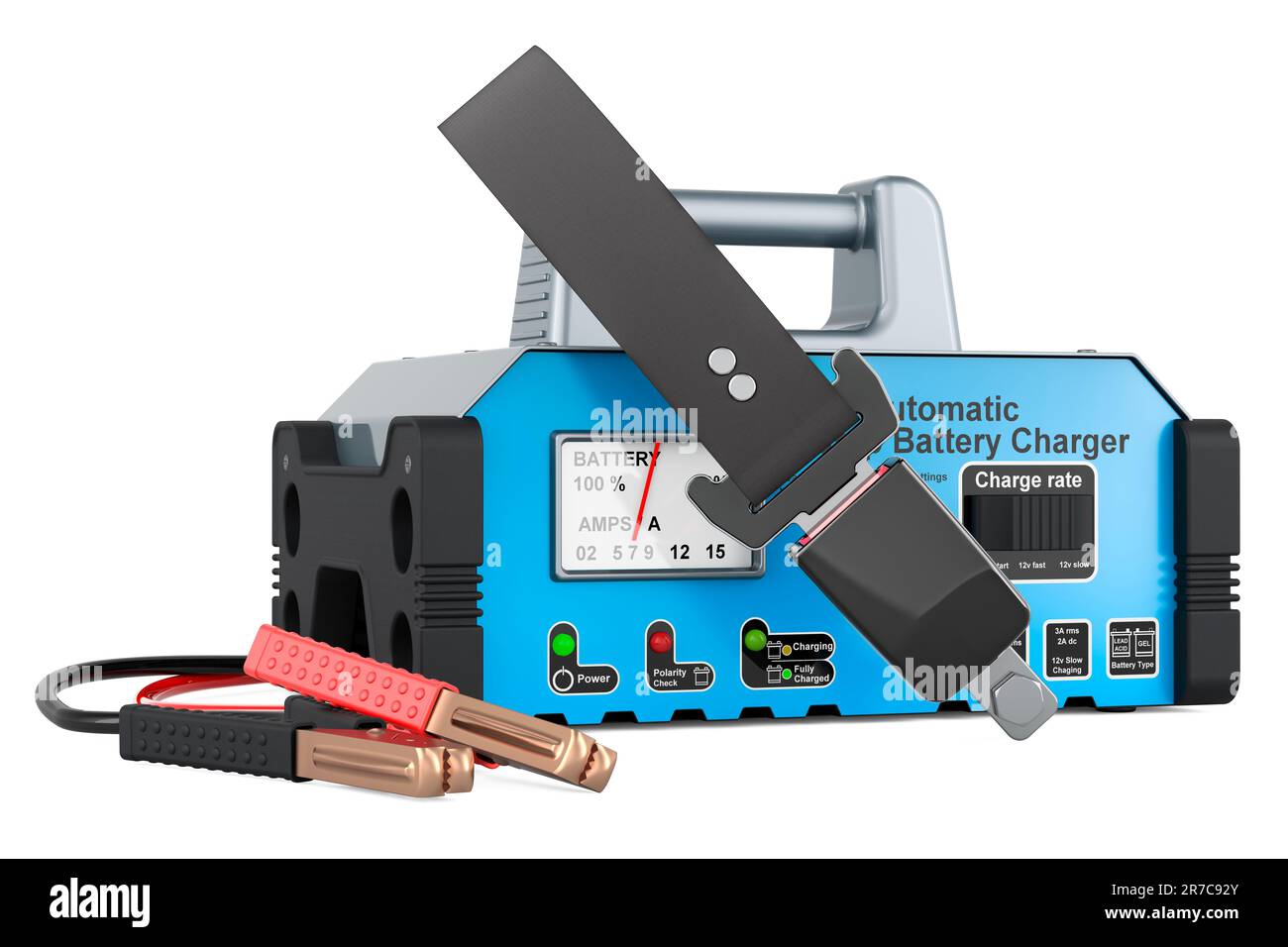Battery charger with safety belt, 3D rendering isolated on white ...