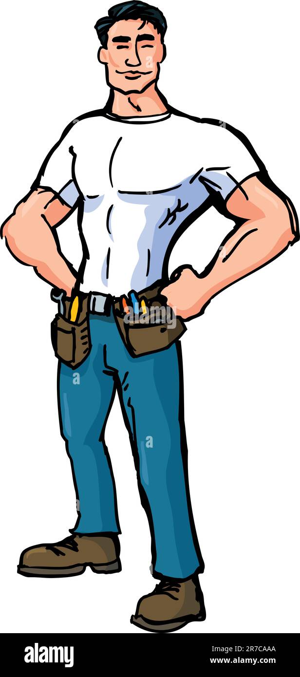 Cartoon handyman with tool belts. Isolated on white Stock Vector Image ...