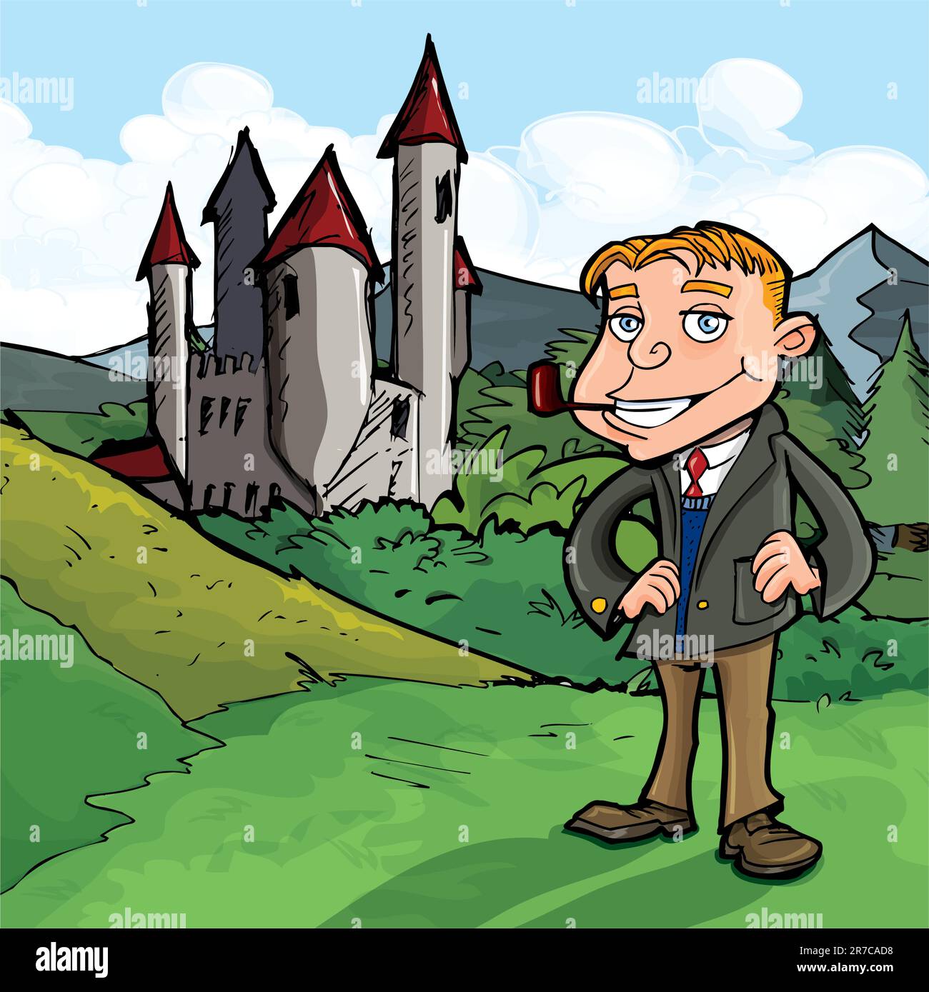 Cartoon of well to do man with a pipe. Castle and grounds behind Stock ...