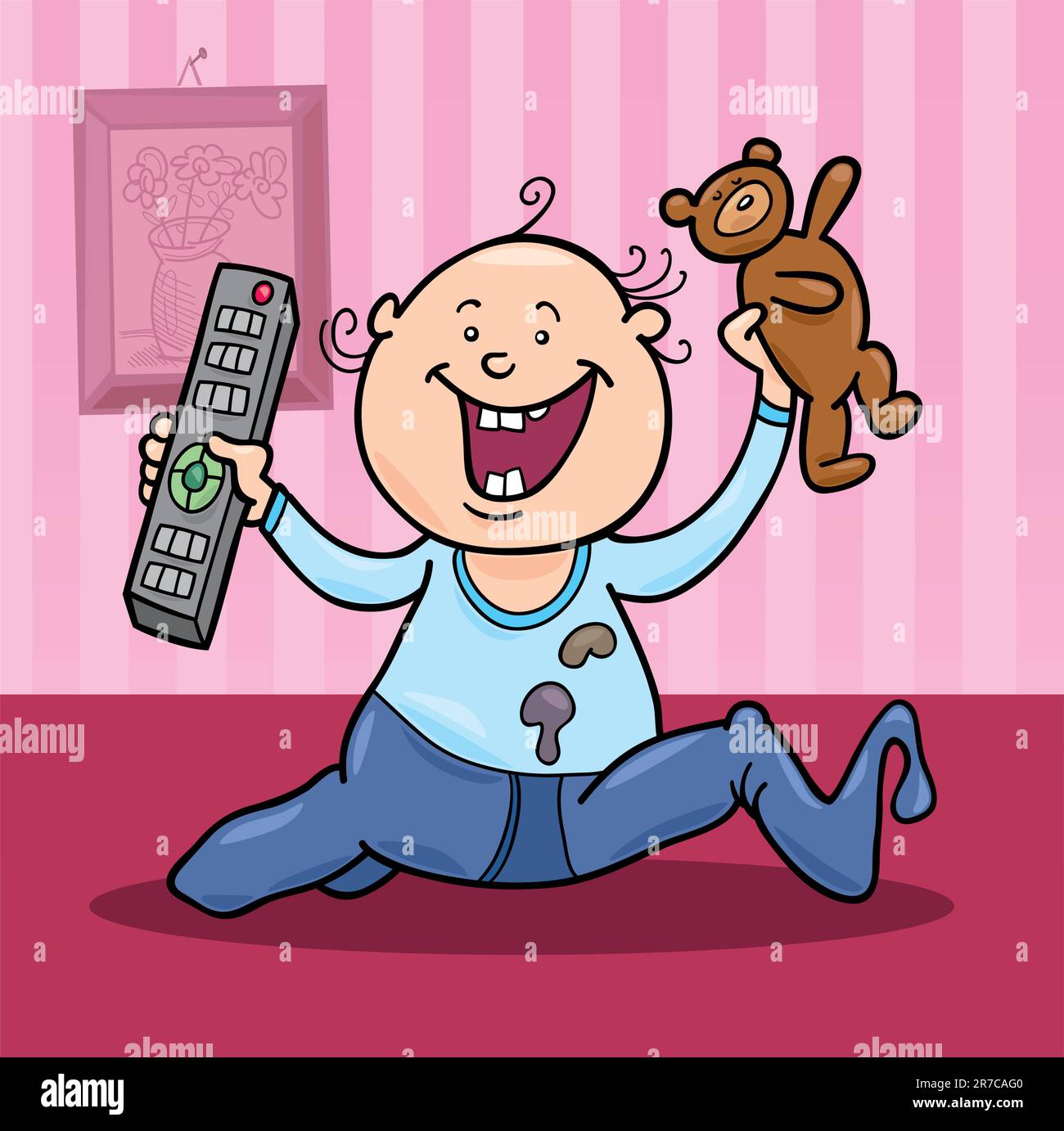 illustration of baby boy with remote control and teddy bear Stock ...