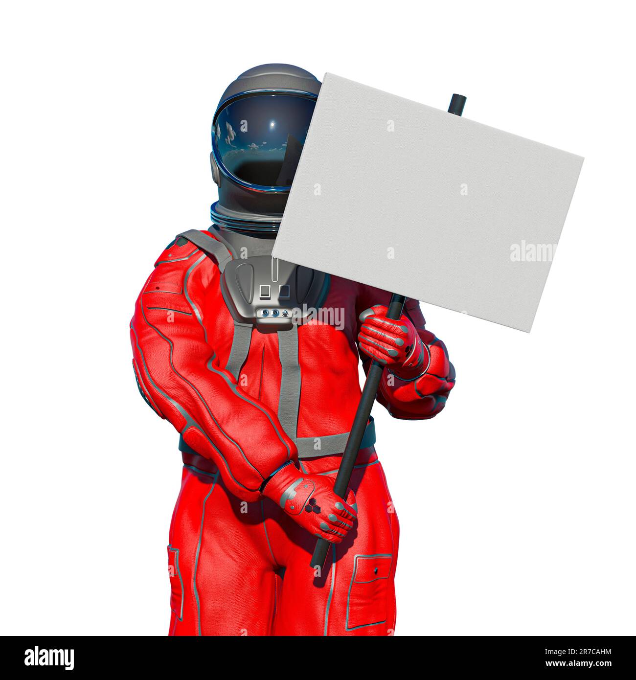 astronaut is holding with both hands a white placard board sign on ...
