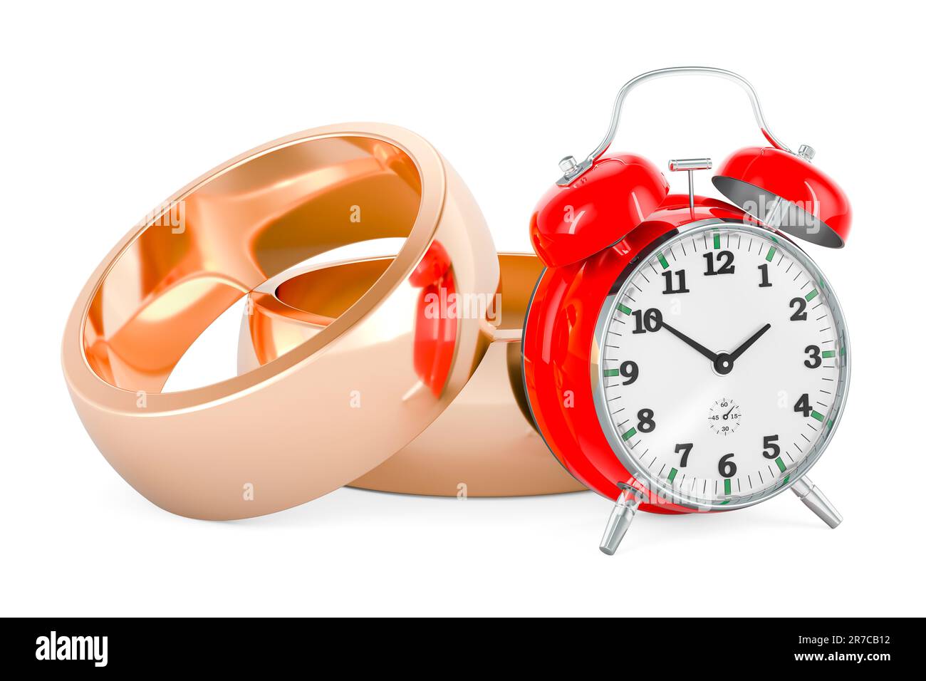 Golden wedding rings with alarm clock, 3D rendering isolated on white ...