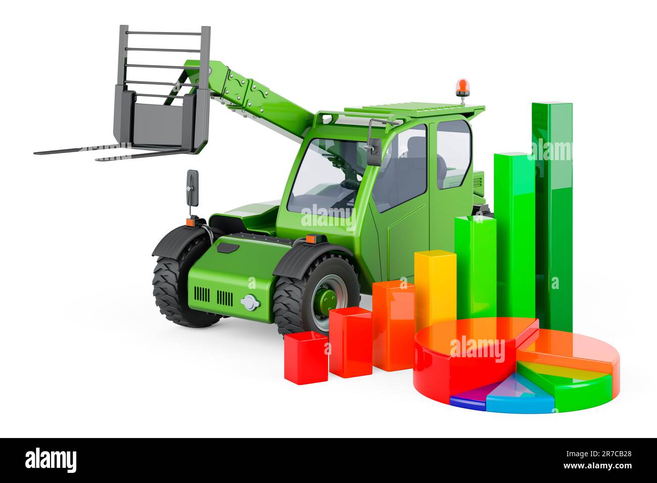 Telescopic handlers with growth bar graph and pie chart. 3D rendering ...