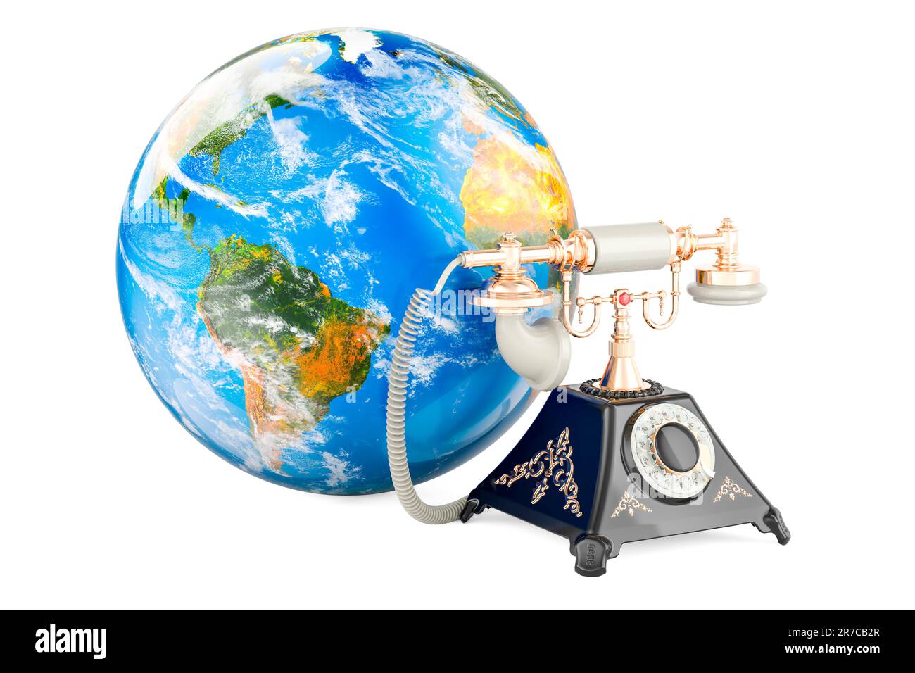 Old-fashioned phone with Earth Globe. 3D rendering isolated on white ...