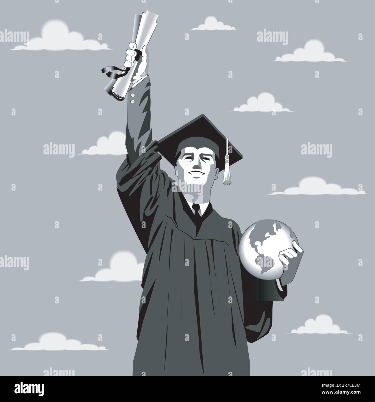 Vector illustration of a young man reaching for the sky with his ...