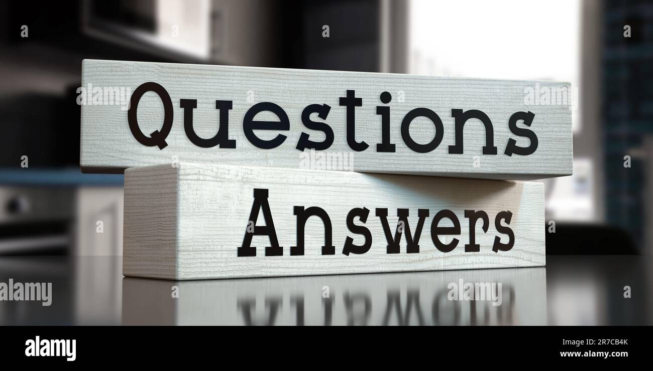 Questions, answers - words on wooden blocks - 3D illustration Stock ...