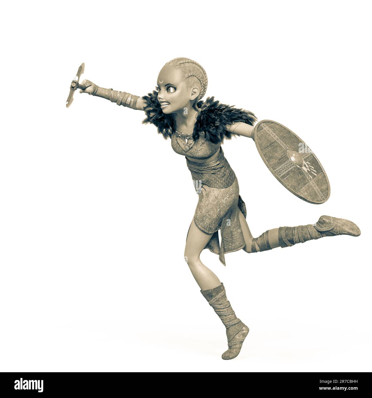 viking girl is running for war with sheild and axe side view, 3d ...