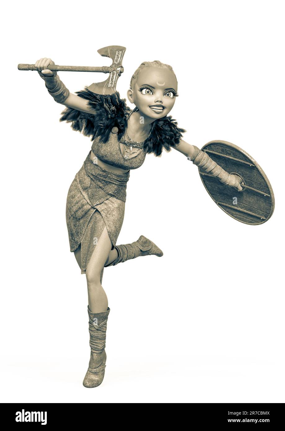 viking girl is running for war with sheild and axe, 3d illustration ...