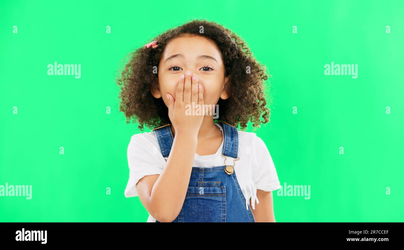 Wow, surprise and children with a girl on a green screen background ...