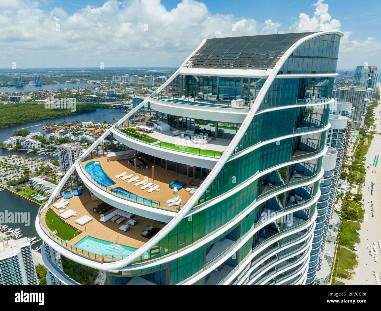 Sunny Isles Beach, FL, USA - June 14, 2023: Aerial photo The Ritz ...