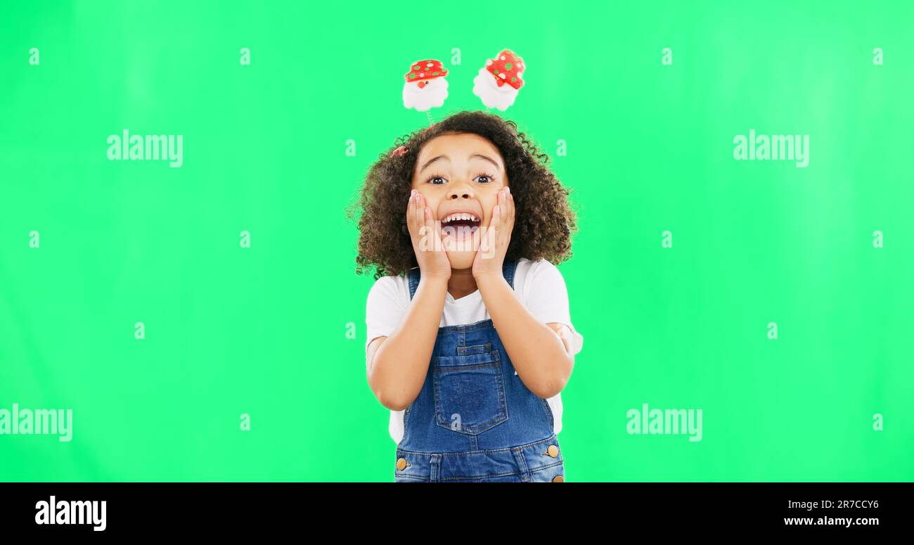 Excited, happy face and child with green screen and smile and Christmas ...