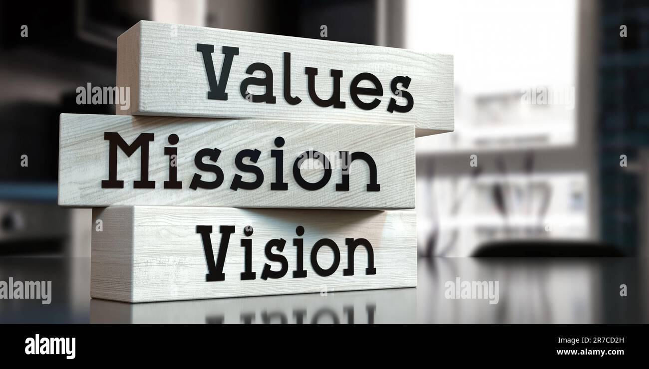 Values, mission, vision - words on wooden blocks - 3D illustration ...
