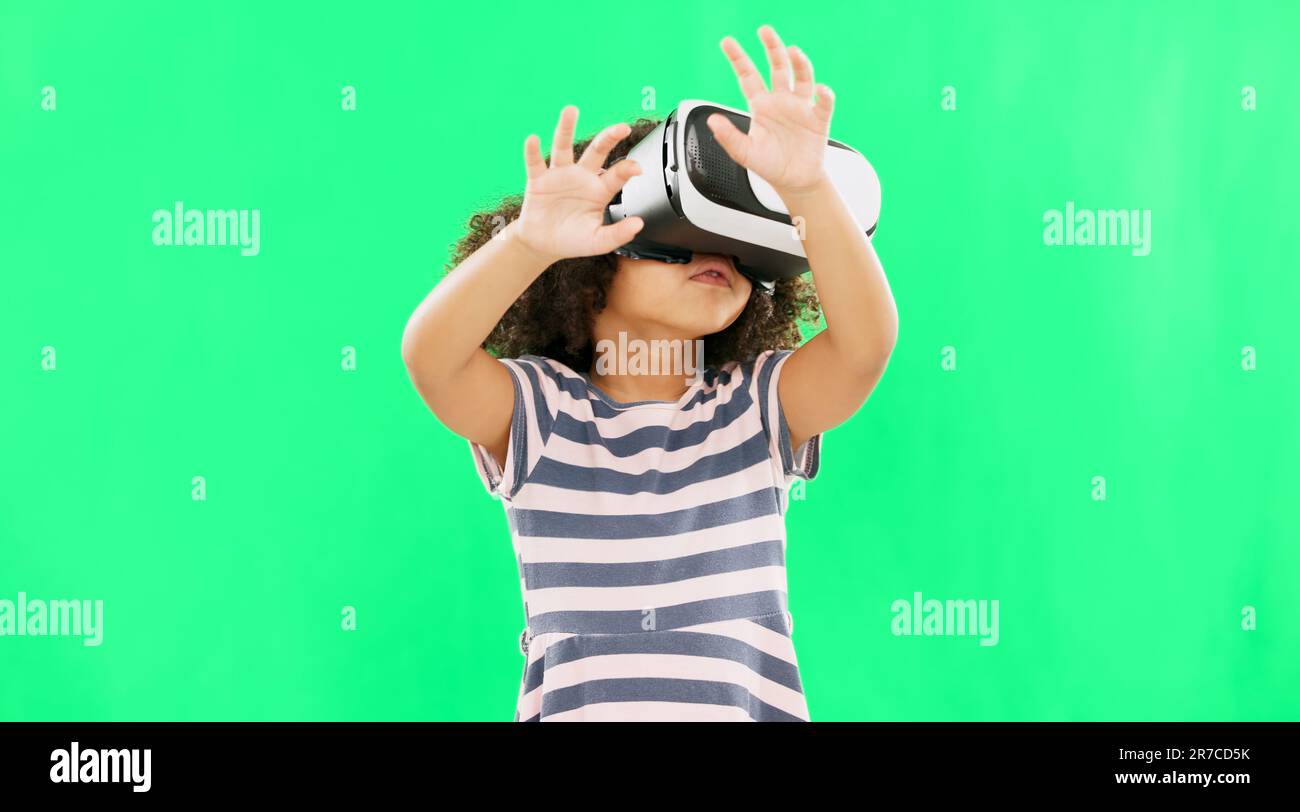 Metaverse, green screen and girl with virtual reality glasses ...