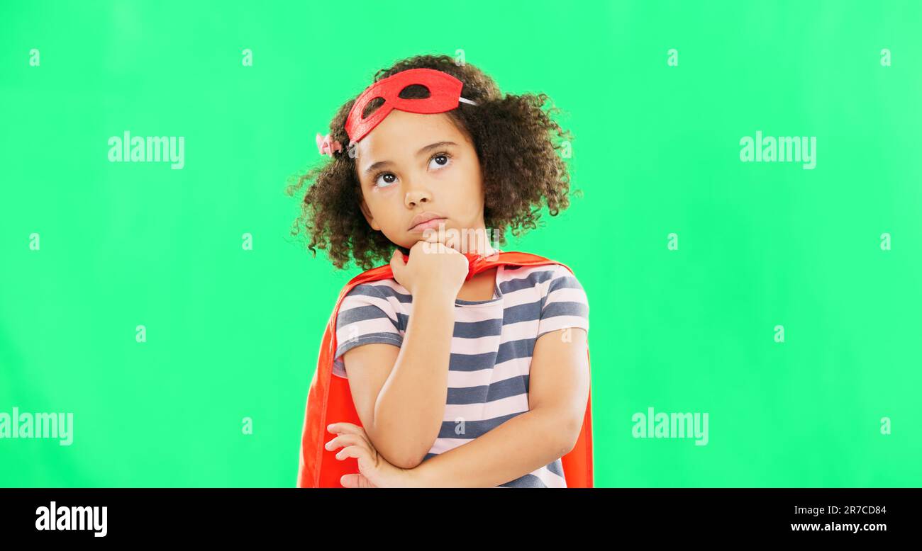 Green screen, superhero and child thinking of idea to stop crime and ...