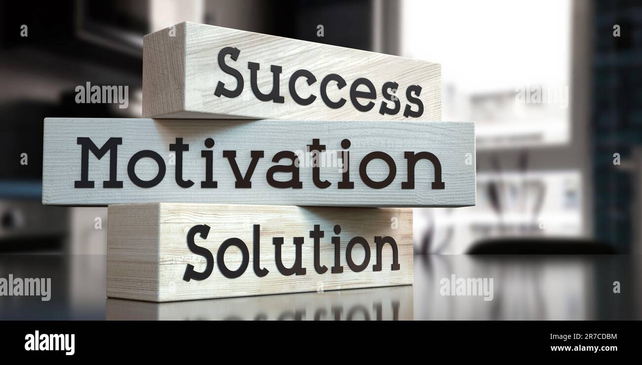 Success, motivation, solution - words on wooden blocks - 3D ...