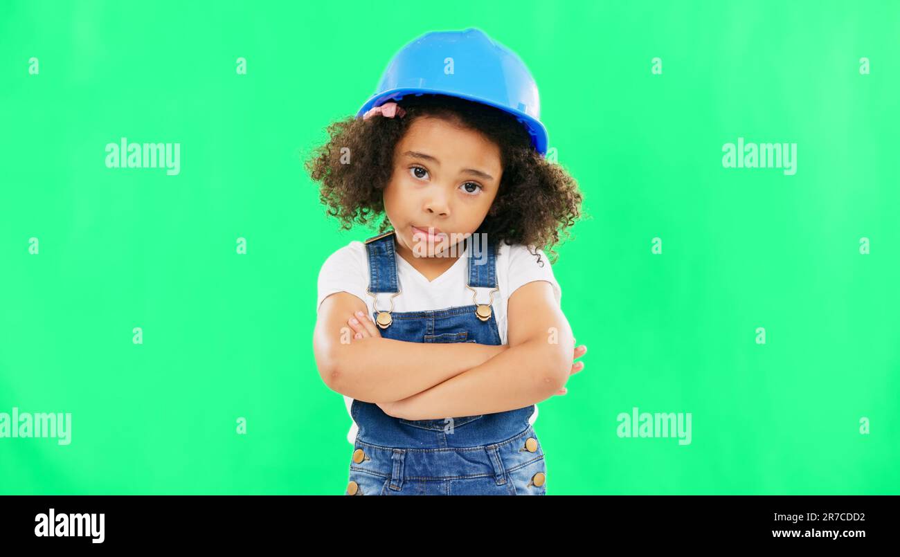 No, green screen and portrait of child shaking head arms crossed ...