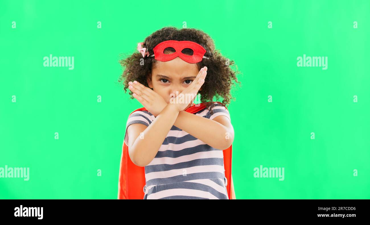 Superhero, child and stop sign on green screen with hands to fight ...