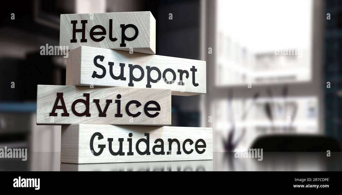 Help, support, advice, guidance - words on wooden blocks - 3D ...