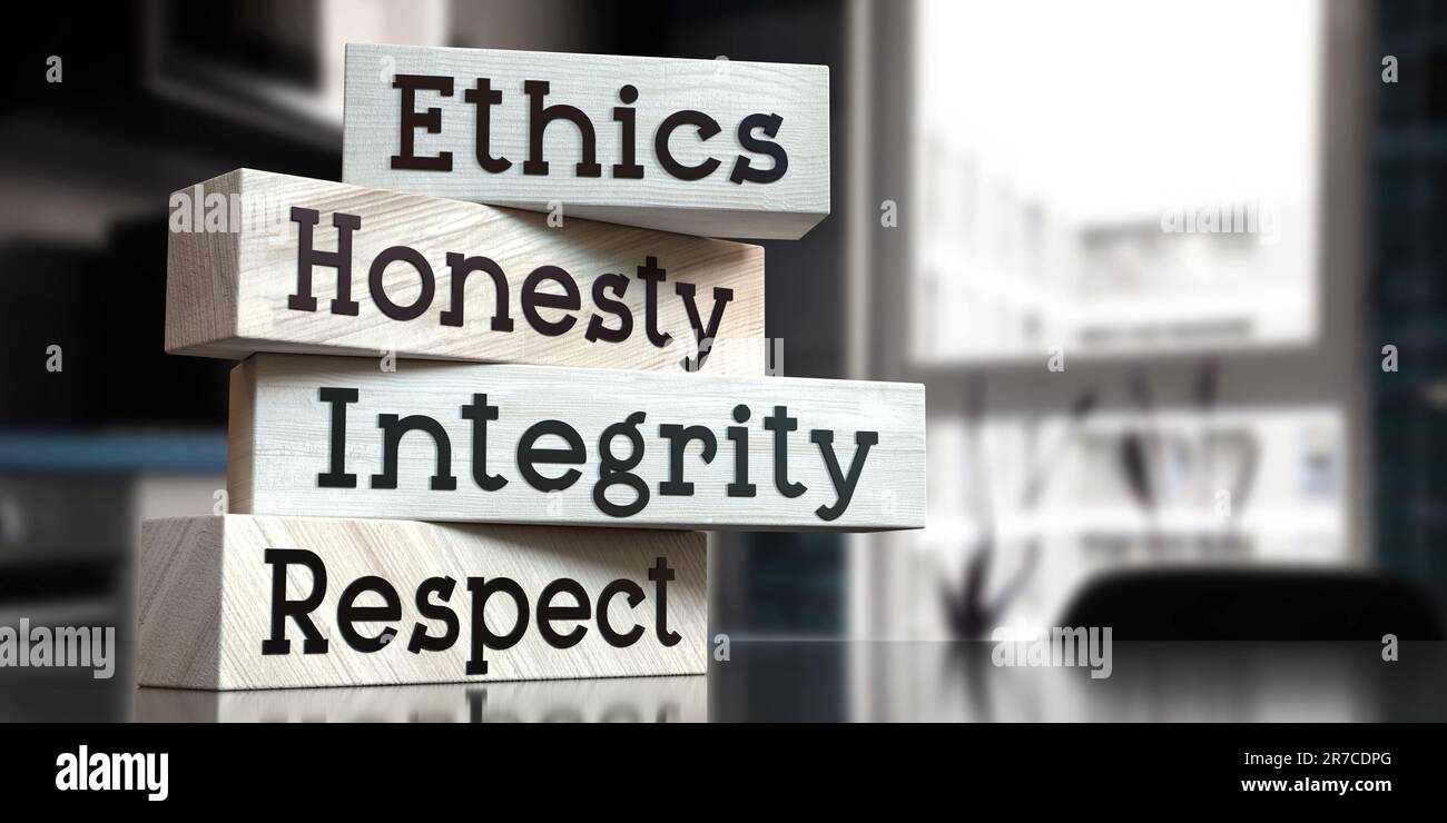 Ethics, honesty, integrity, respect - words on wooden blocks - 3D ...