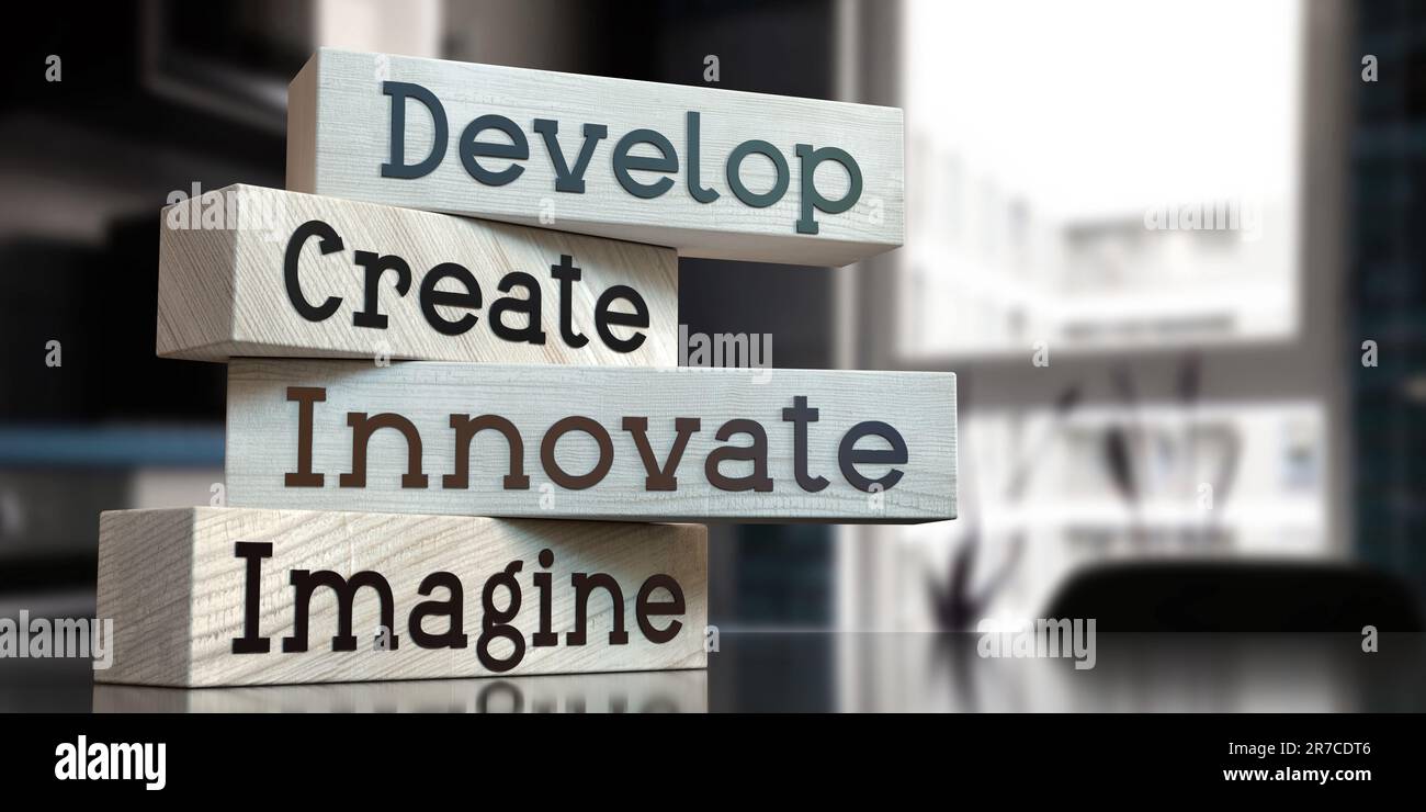 Develop, create, innovate, imagine - words on wooden blocks - 3D ...