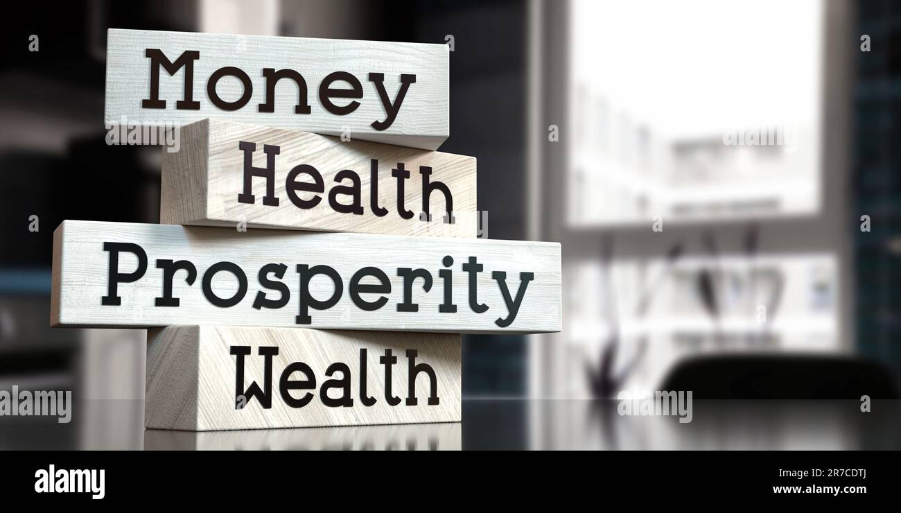Money, health, prosperity, wealth - words on wooden blocks - 3D ...