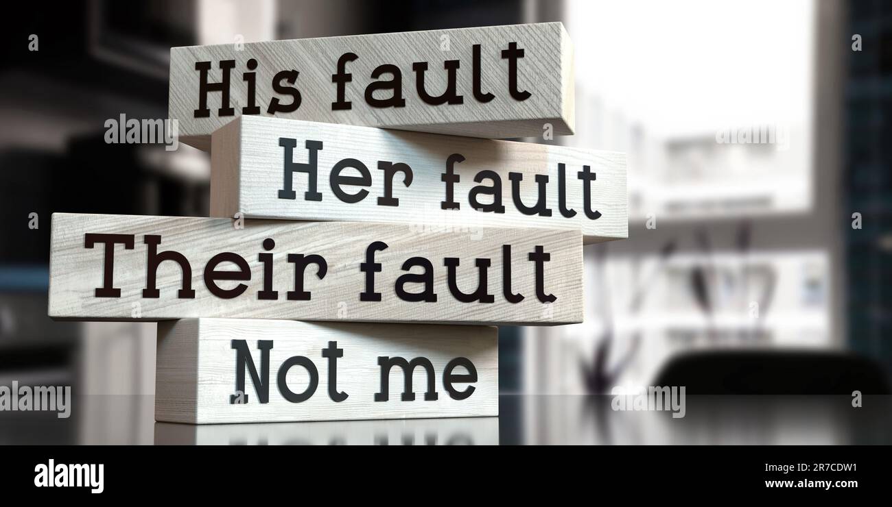 His fault, her fault, their fault, not me - words on wooden blocks - 3D ...