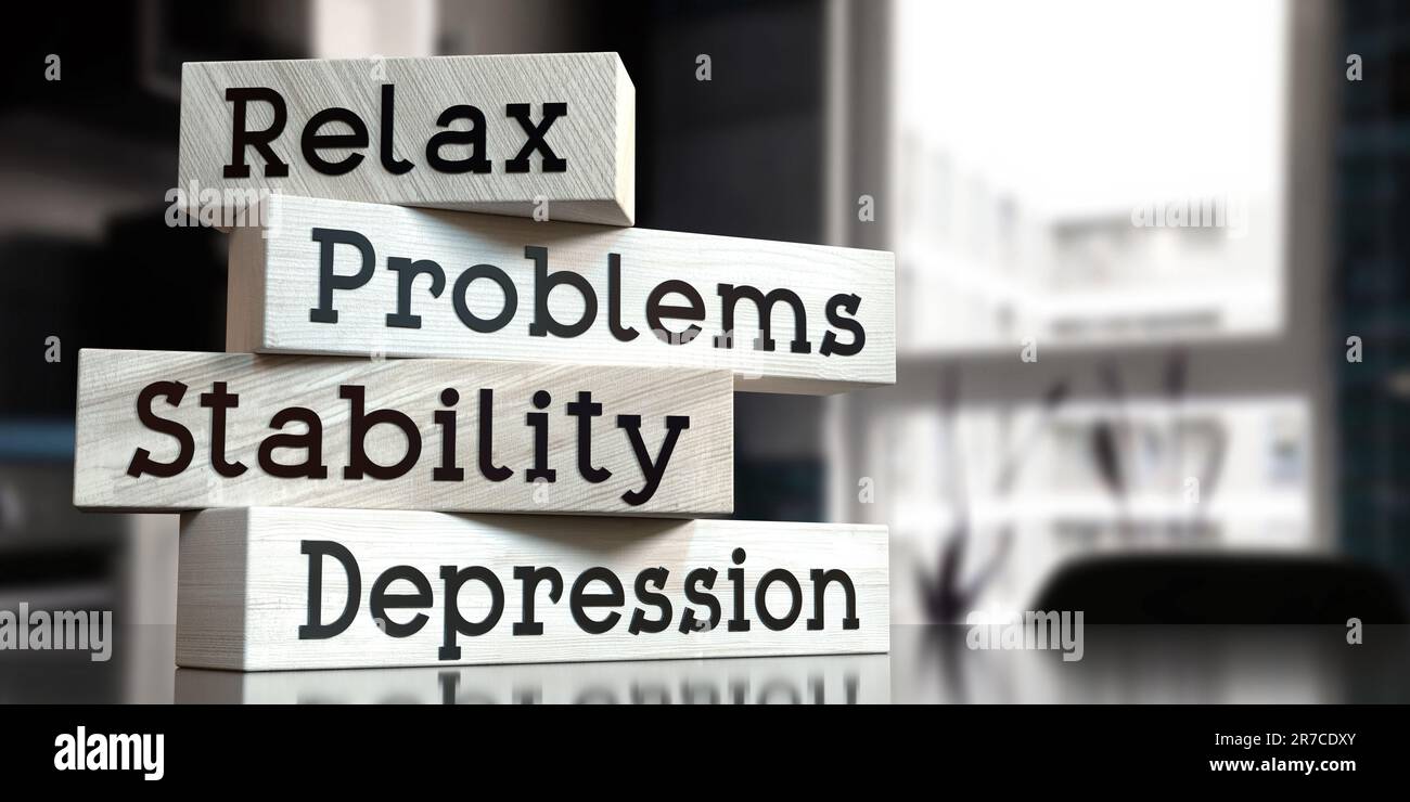 Depression, problems, stability, relax - words on wooden blocks - 3D ...