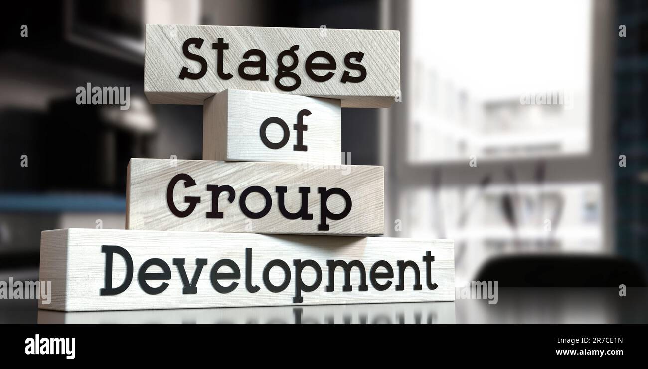 Stages of group development - words on wooden blocks - 3D illustration ...