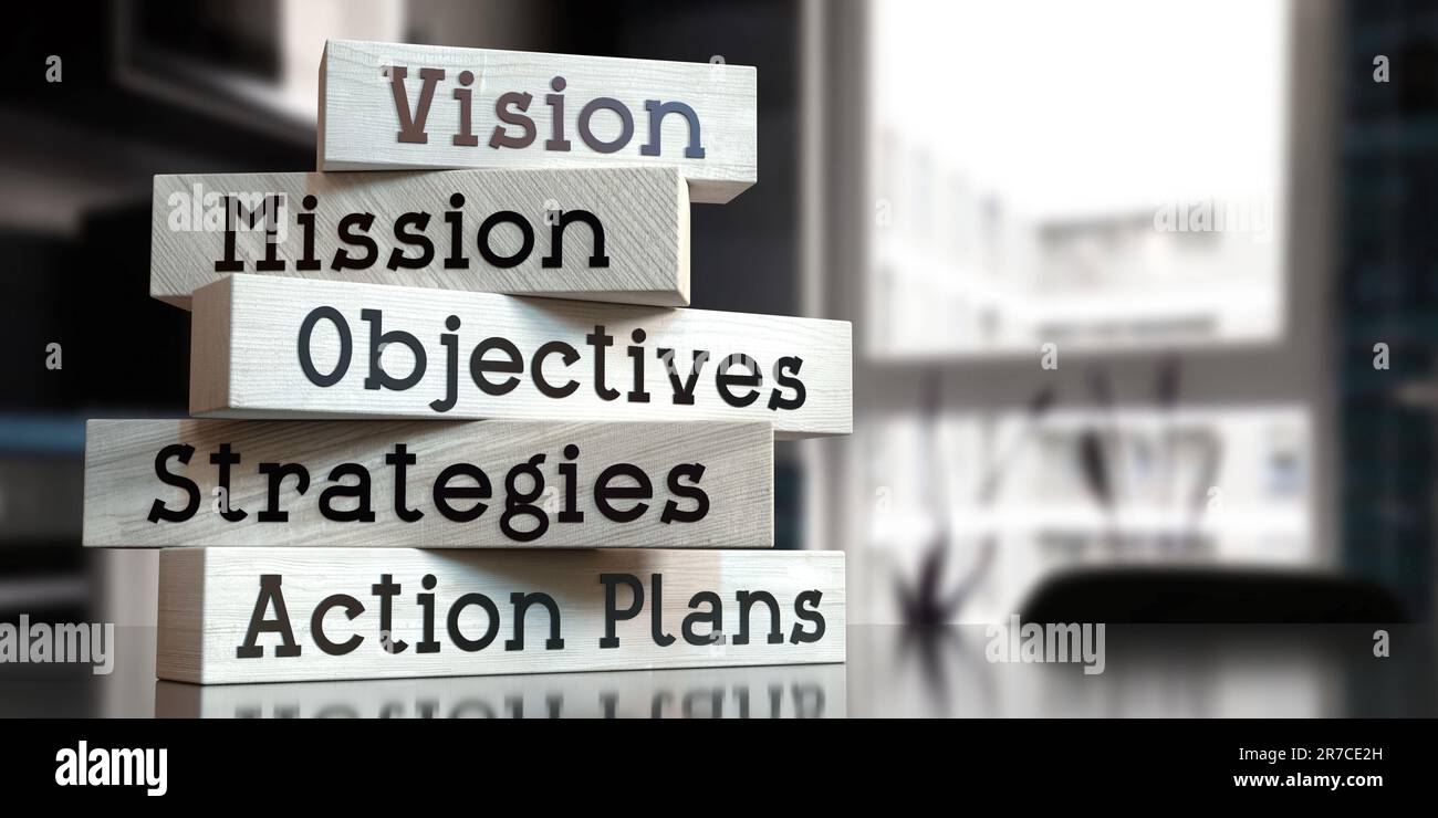 Vision, mission, objectives, strategies, action plans - words on wooden ...