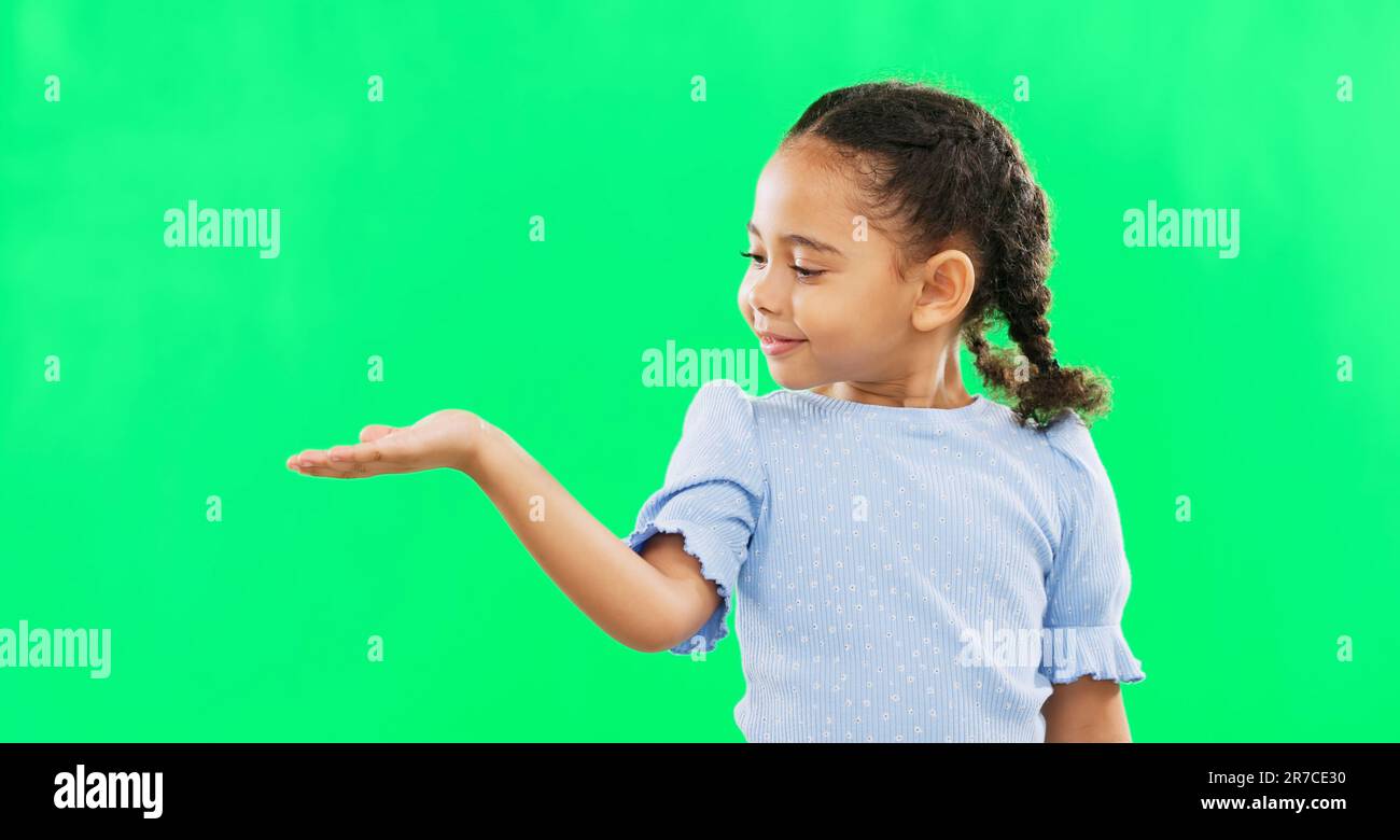 Green screen, hand gesture and child face of a young girl with mock up ...