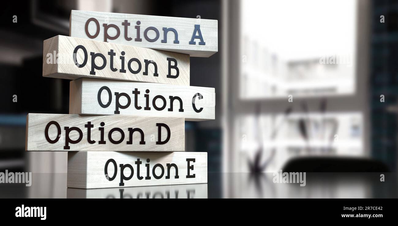 Option A, B, C, D, E - words on wooden blocks - 3D illustration Stock ...