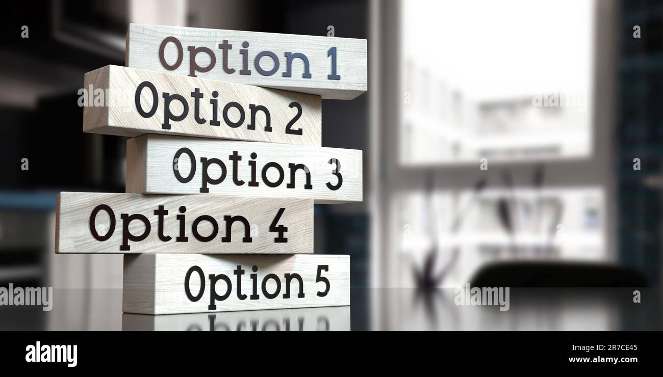 Option 1, 2, 3, 4, 5 - words on wooden blocks - 3D illustration Stock ...