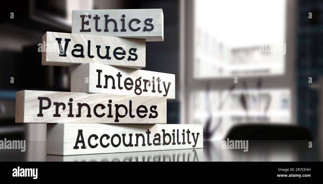 Ethics, values, integrity, principles, accountability - words on wooden ...